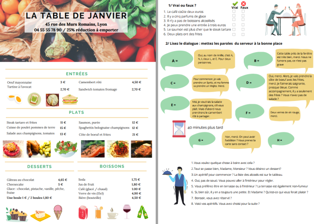 A2 / B1 : Lire un menu, commander au restaurant, réagir à un problème ...